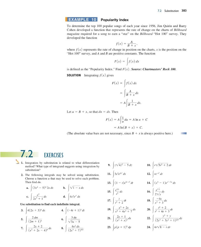 Solved 7.2 Substitution 383 EXAMPLE 10 Popularity Index To | Chegg.com
