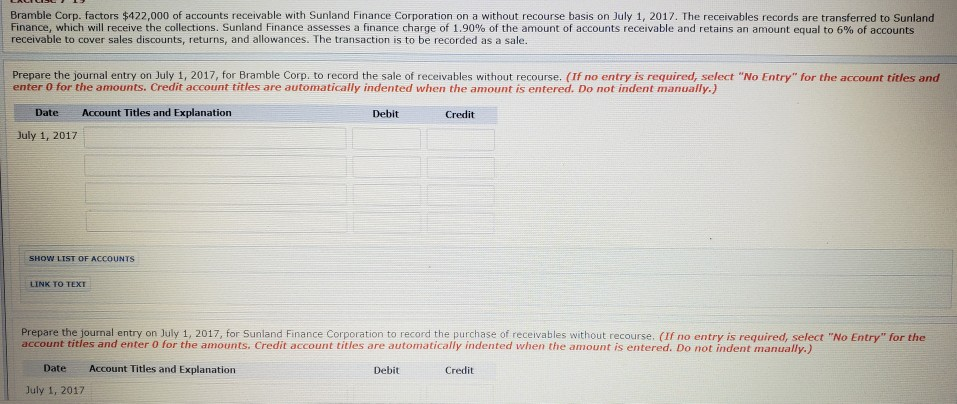Solved Bramble Corp. factors $422,000 of accounts receivable | Chegg.com