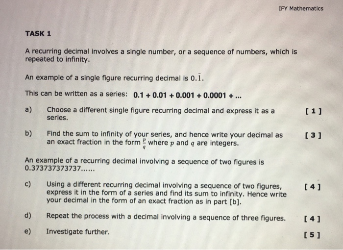 Solved IFY Mathematics TASK 1 A recurring decimal involves a | Chegg.com