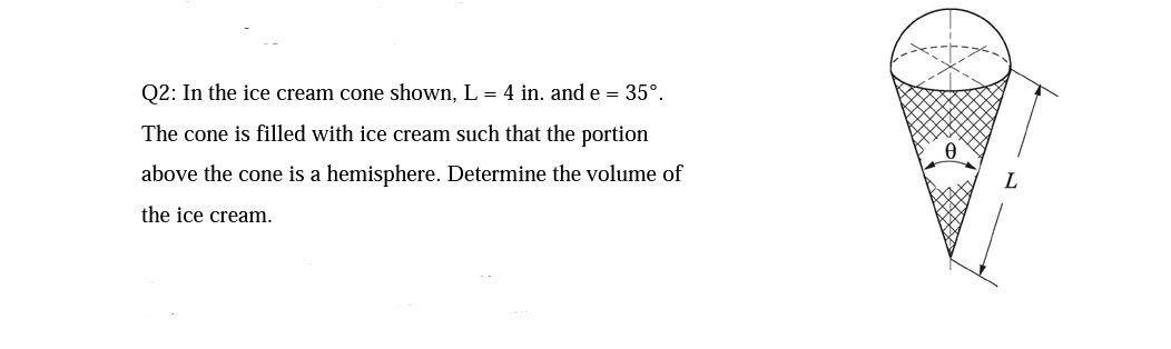 Solved Q2: In the ice cream cone shown, L = 4 in. and e = | Chegg.com