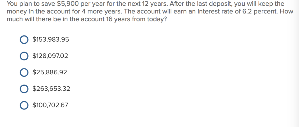 Solved You plan to save $5,900 per year for the next 12 | Chegg.com