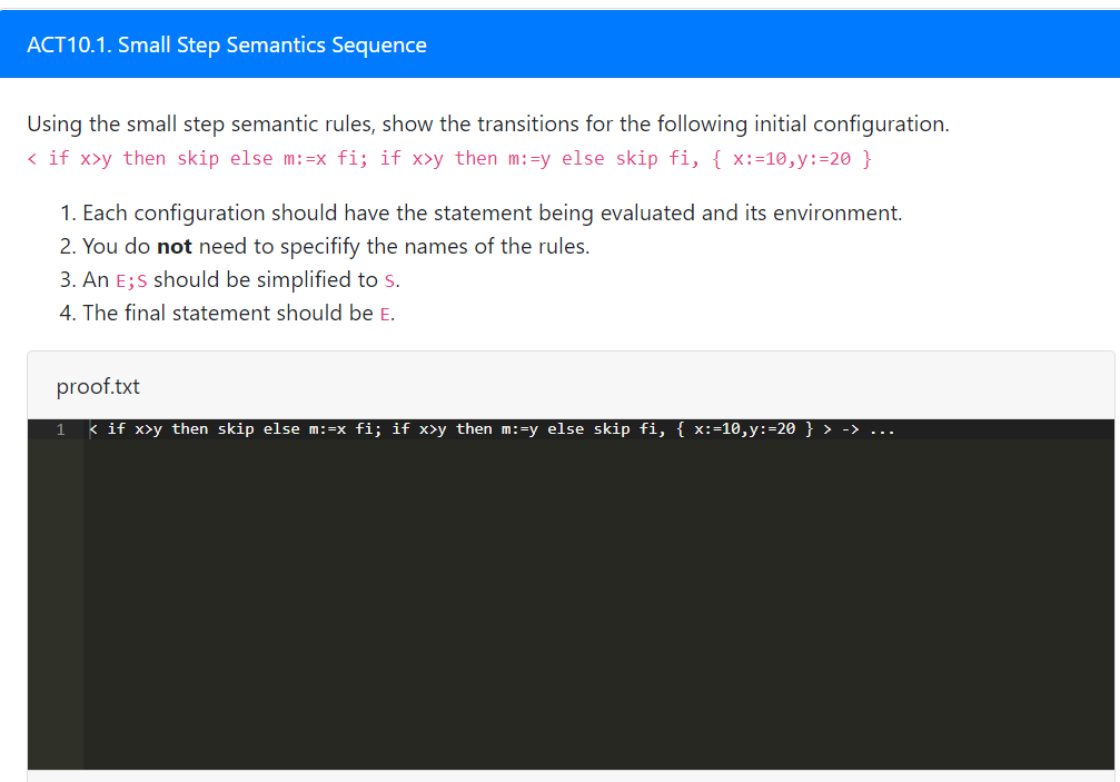 ACT10.1. Small Step Semantics Sequence Using the | Chegg.com