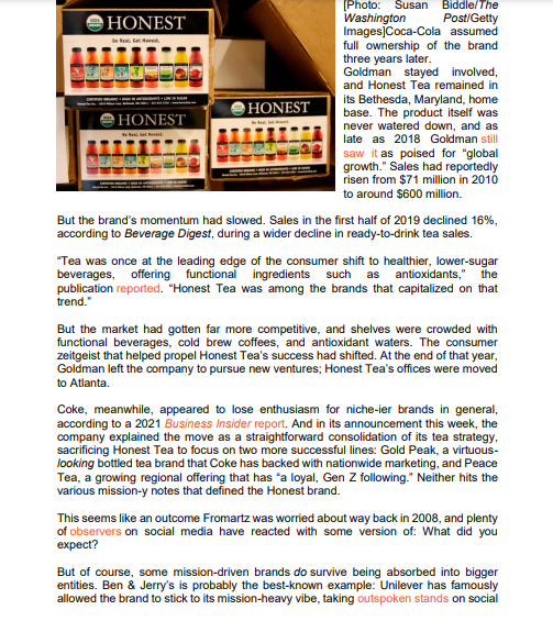 Solved What really killed Honest Tea-and what it means for | Chegg.com