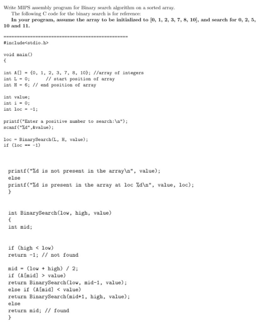 Solved Write MIPS assembly program for Binary search | Chegg.com