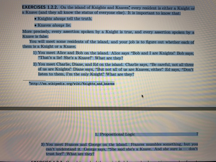 Solved EXERCISES 1.2.2. On the island of Knights and Knaves; | Chegg.com
