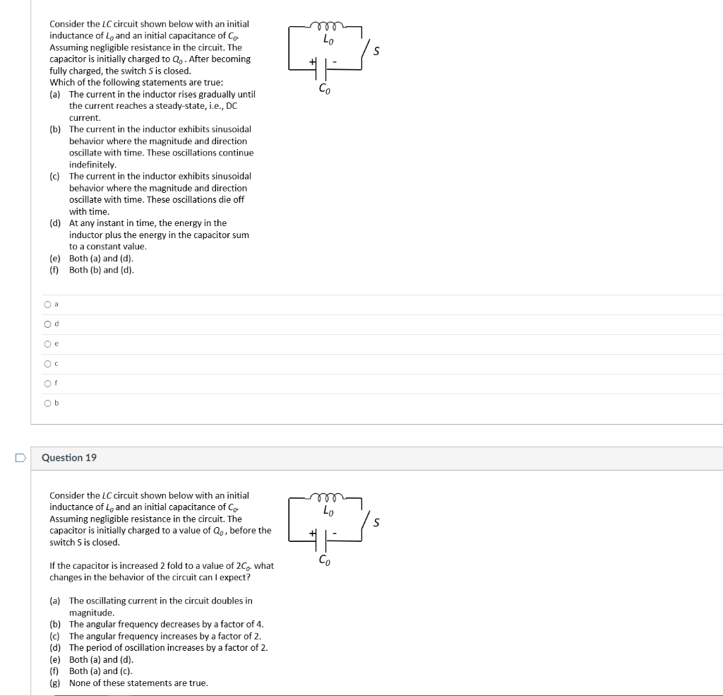 Solved mo Lo S Co Consider the LC circuit shown below with | Chegg.com
