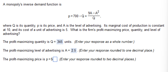 Solved A monopoly's inverse demand function is | Chegg.com