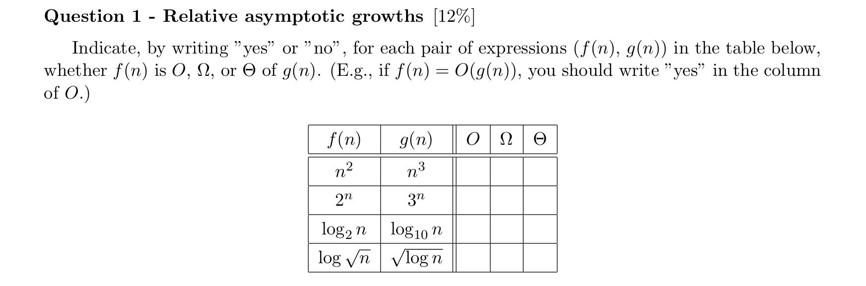 Solved Question 1 - Relative asymptotic growths [12\%] | Chegg.com