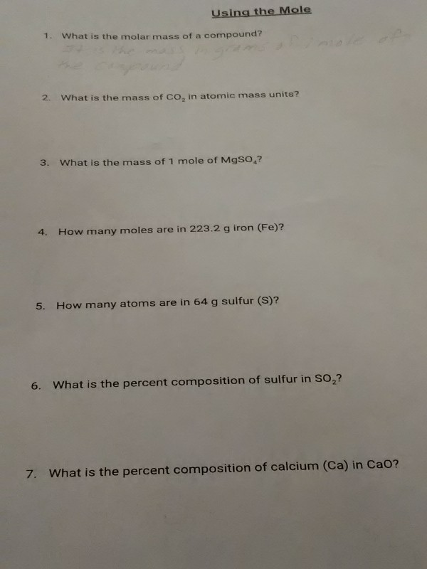 Solved Using the Mole 1. What is the molar mass of a | Chegg.com