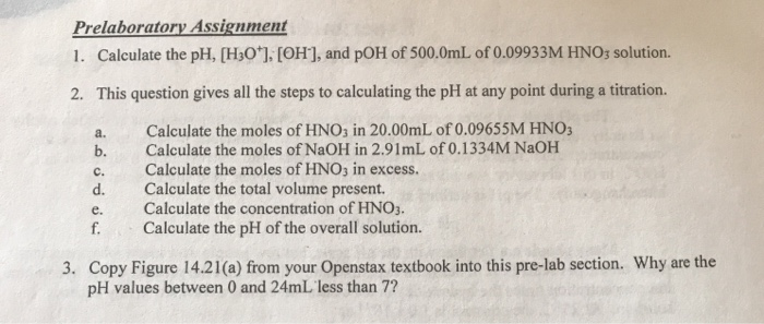 Solved Prelaboratory Assignment 1. Calculate the pH, [H3o], | Chegg.com