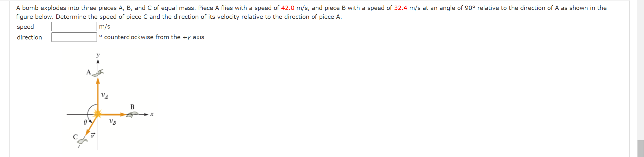 Solved A bomb explodes into three pieces A, B, and C of | Chegg.com