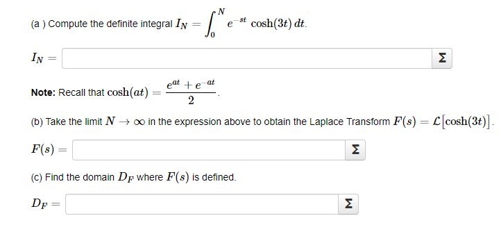 Solved N st e (a) Compute the definite integral IN cosh(3t) | Chegg.com
