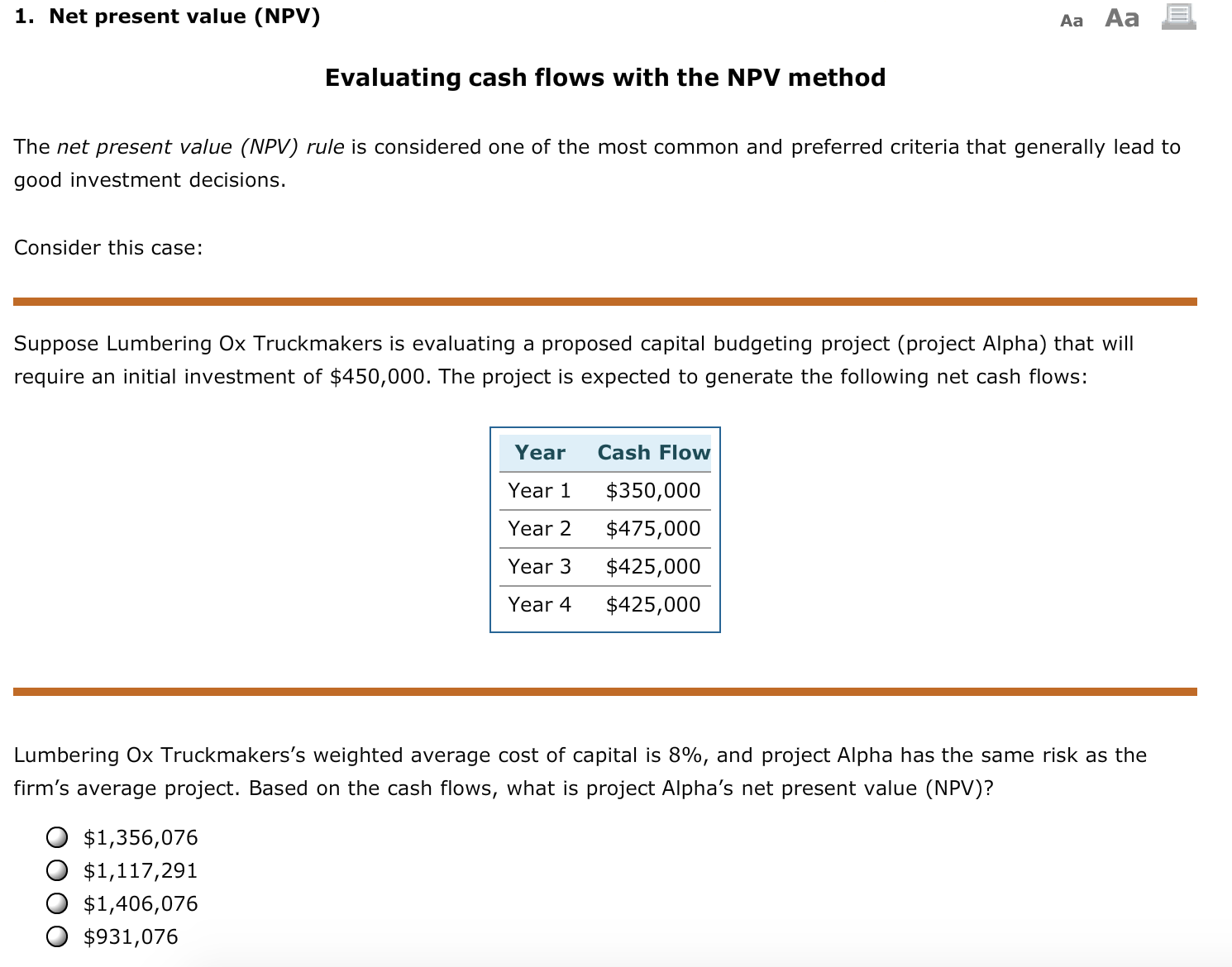 Solved 1. Net present value (NPV) Aa Aa Evaluating cash | Chegg.com
