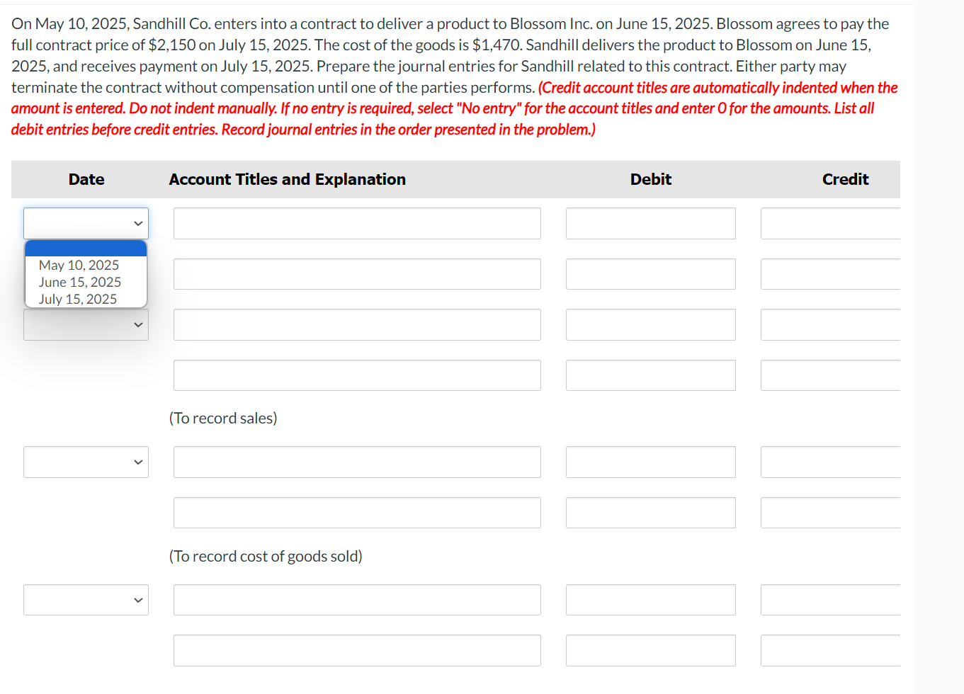 Solved On May 10, 2025, Sandhill Co. enters into a contract | Chegg.com