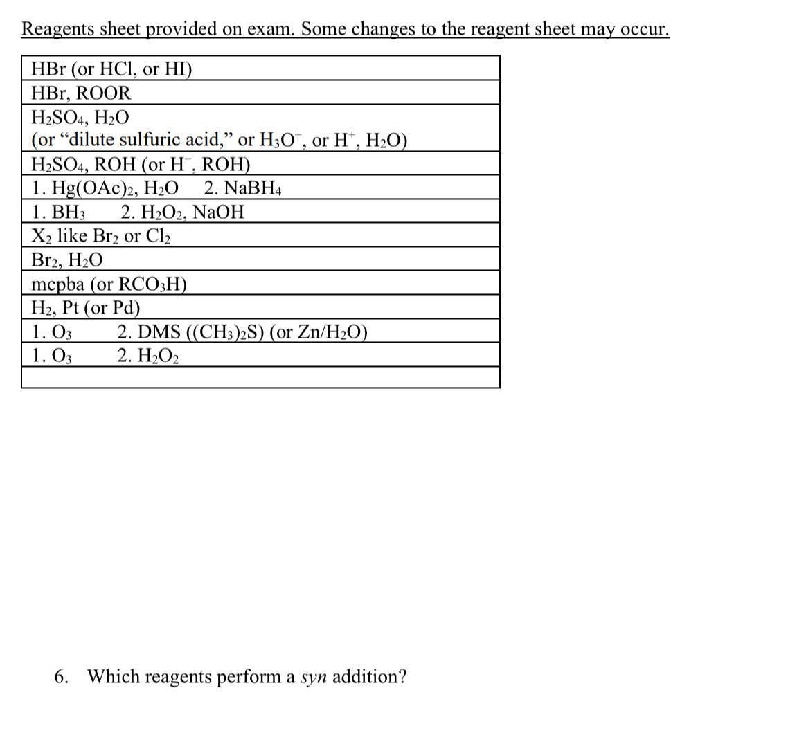 Solved Reagents sheet provided on exam. Some changes to the | Chegg.com