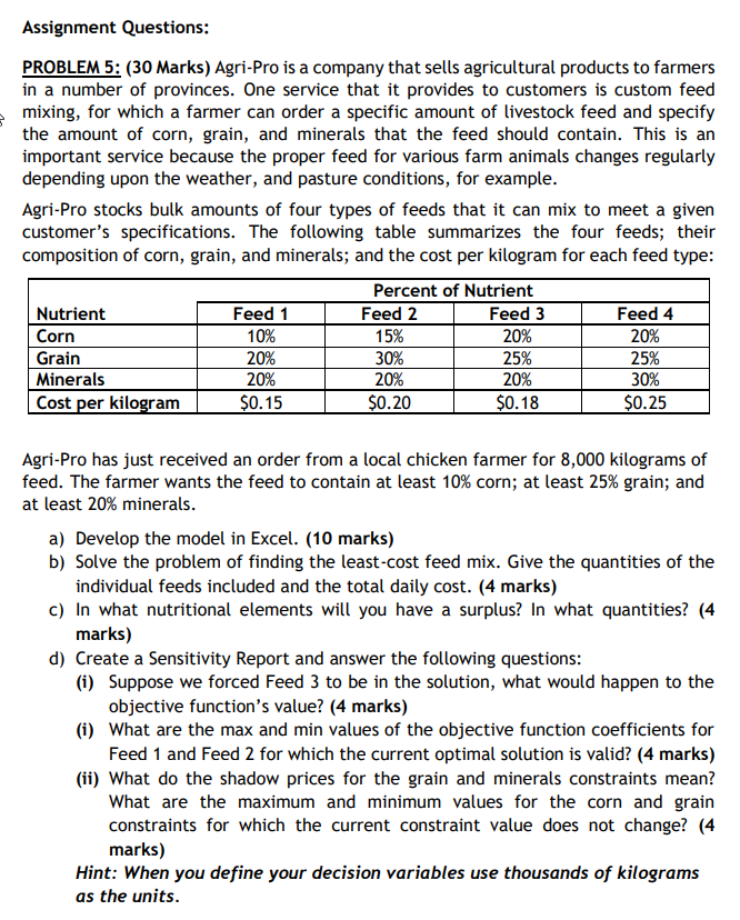 Solved Assignment Questions: PROBLEM 5: (30 Marks) Agri-Pro | Chegg.com