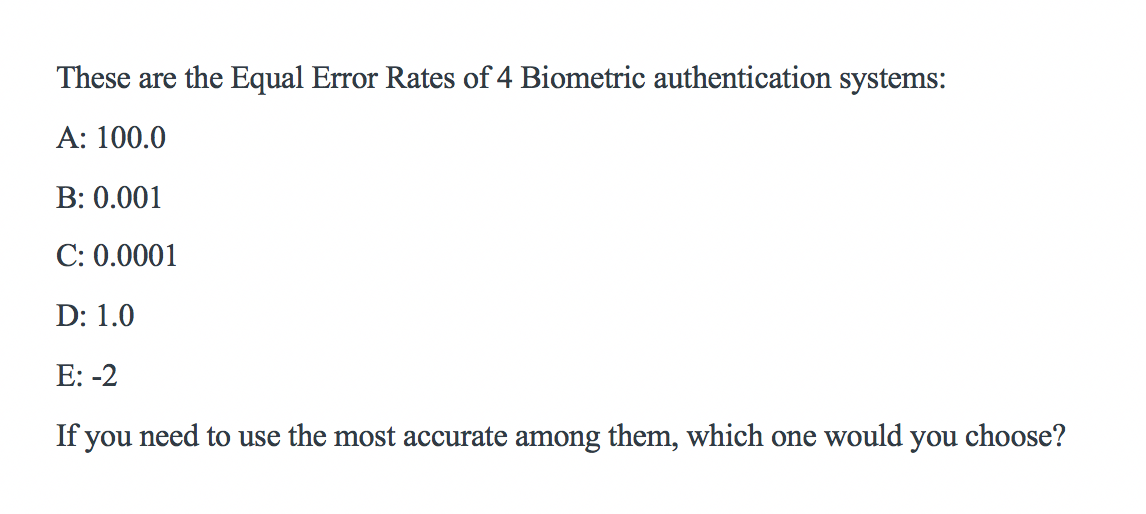 Solved These are the Equal Error Rates of 4 Biometric | Chegg.com
