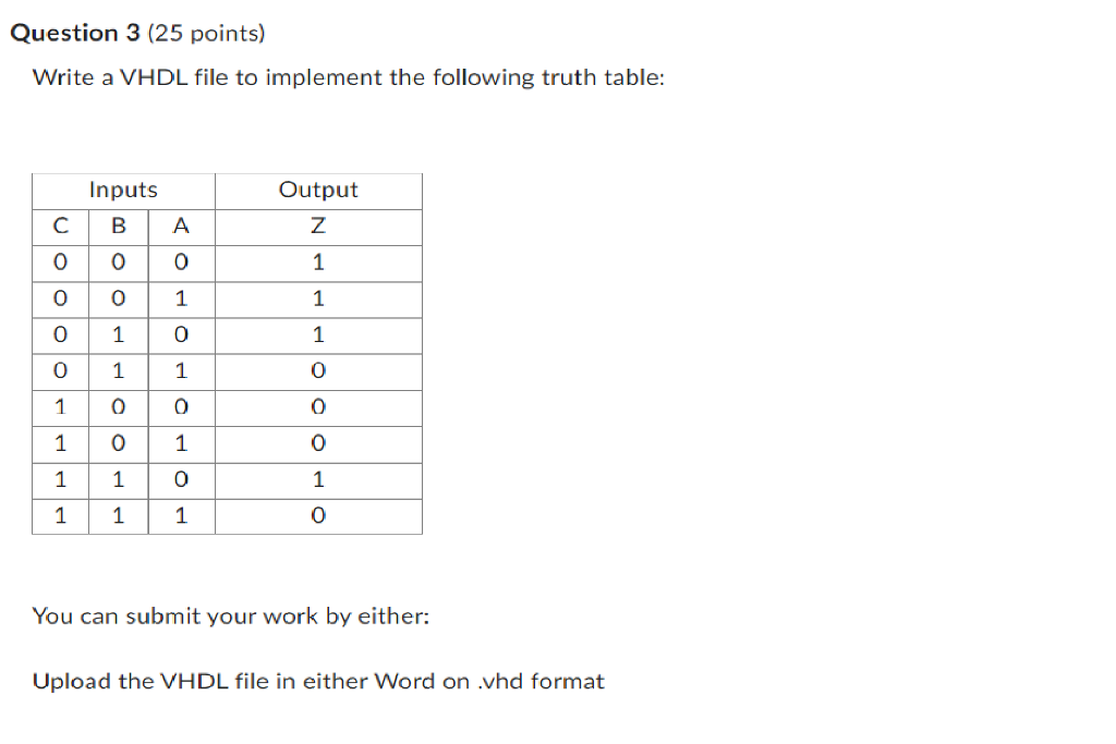 Solved Question 3 (25 points) Write a VHDL file to implement | Chegg.com