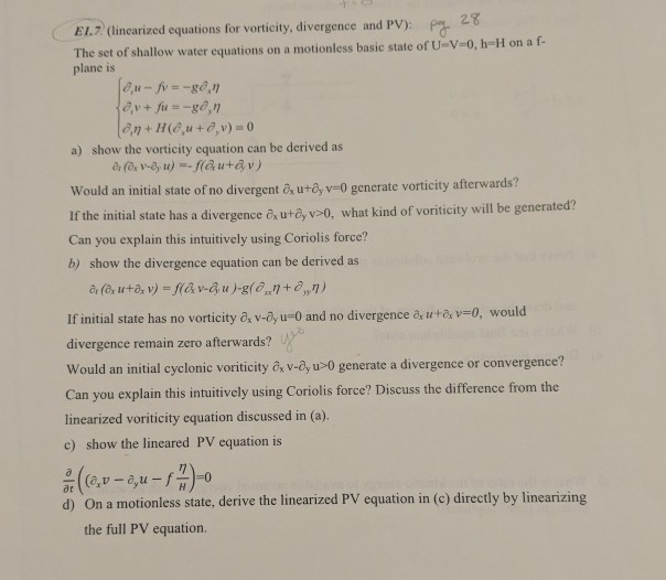 Solved EL.7 (linearized equations for vorticity, divergence | Chegg.com