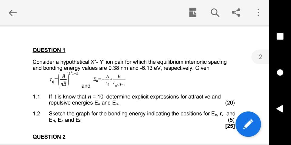Solved T Q a QUESTION 1 Consider a hypothetical X - Y ion | Chegg.com