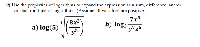 Solved 9) Use the properties of logarithms to expand the | Chegg.com