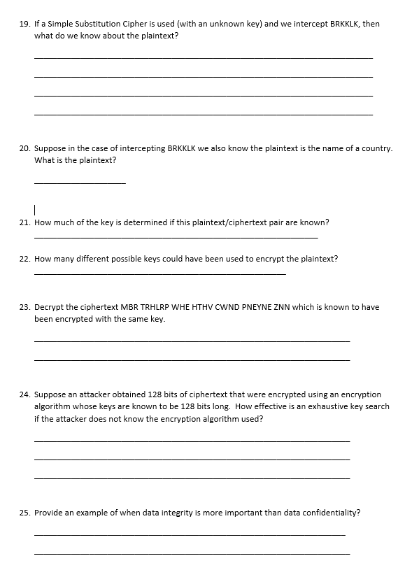 19. If a Simple Substitution Cipher is used (with an | Chegg.com