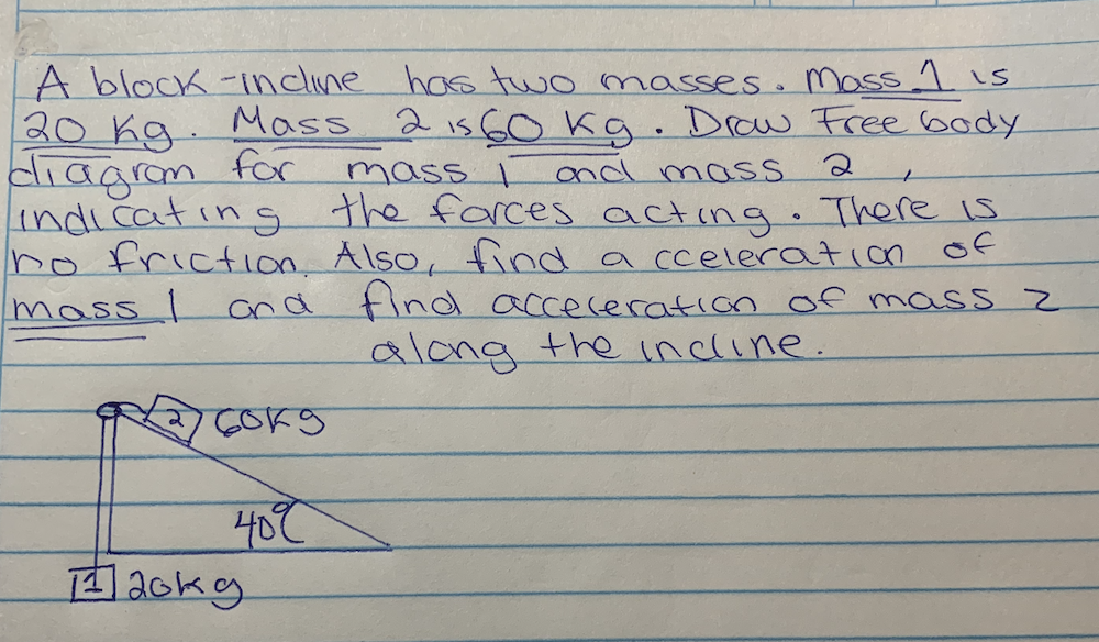 Solved A block-incline has two masses. Mass 1 is 20 kg. Mass | Chegg.com