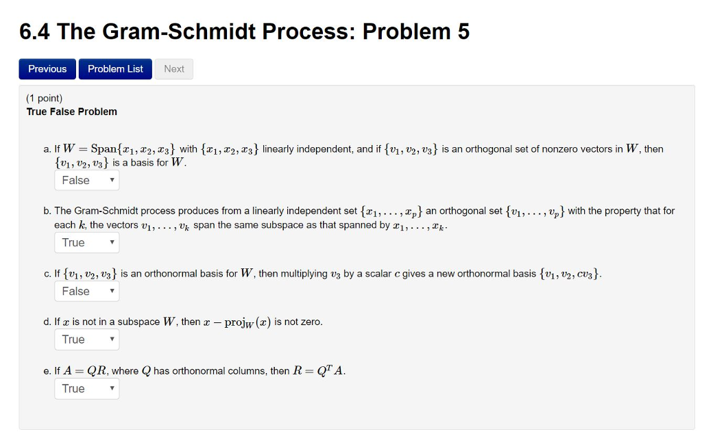 Solved 6.4 The Gram-Schmidt Process: Problem 5 Previous | Chegg.com