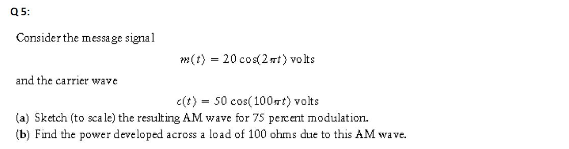 Solved Q. 5: Consider the message signal m(t) = 20 cos(2 t) | Chegg.com