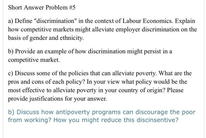 Solved Short Answer Problem #5 a) Define "discrimination" in | Chegg.com