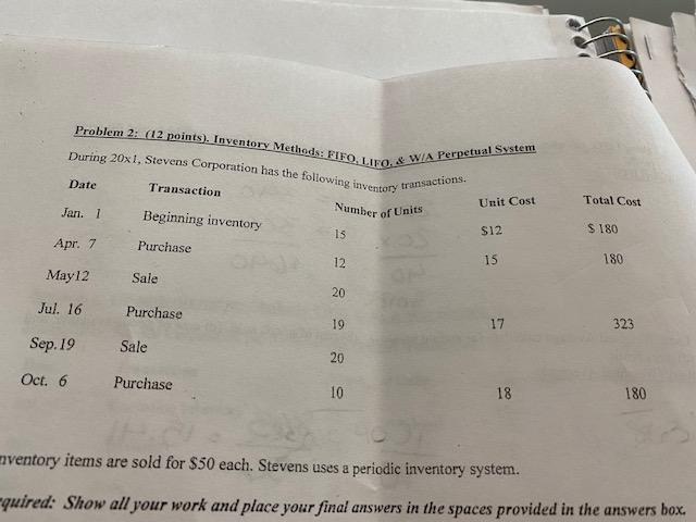 Solved Problem 2: (12 points). Inventory Methods: FIFO. | Chegg.com