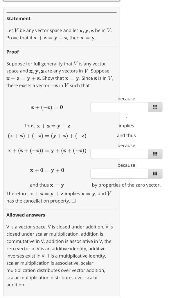 Solved Statement Let V be any vector space and let x, y, z | Chegg.com