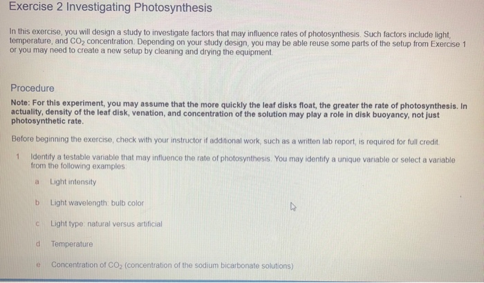 Exercise 2 Investigating Photosynthesis In this | Chegg.com