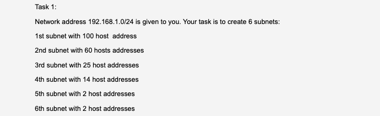 Solved Task 1: Network address 192.168.1.0/24 is given to | Chegg.com