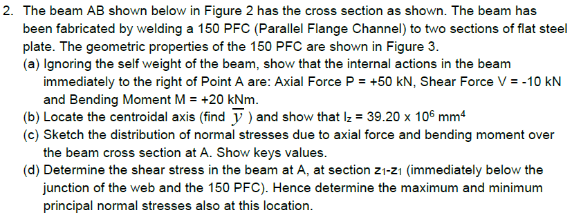 Solved 2. The beam AB shown below in Figure 2 has the cross | Chegg.com