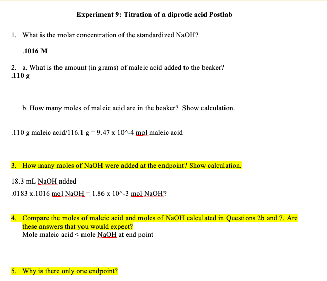 Solved Experiment 9: Titration of a diprotic acid Postlab 1. | Chegg.com