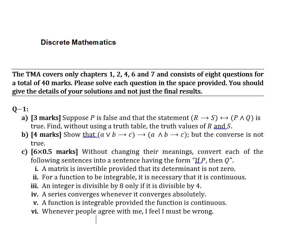 Solved Discrete Mathematics The TMA covers only chapters 1, | Chegg.com