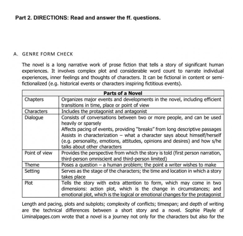 Part 2. DIRECTIONS: Read and answer the ff. | Chegg.com