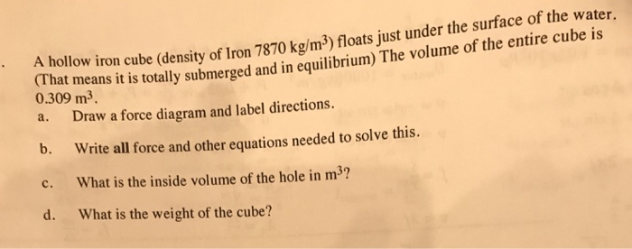 Solved A hollow iron cube (density of Iron 7870 kg/m3) | Chegg.com