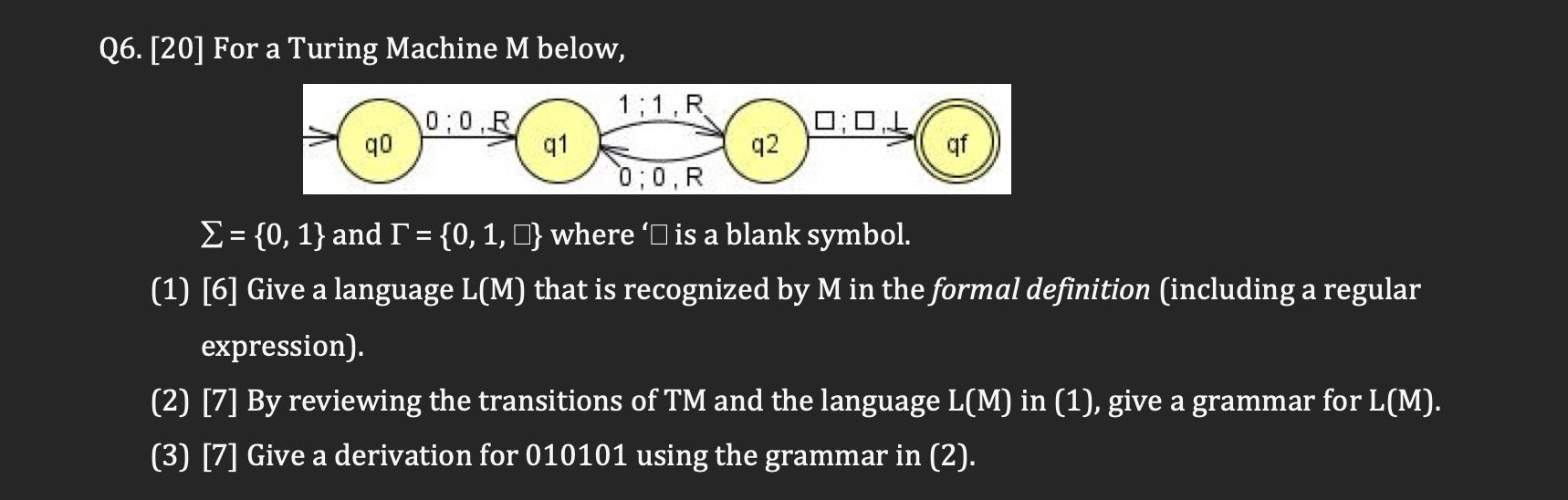 Solved Q6. [20] For a Turing Machine M below, Σ={0,1} and | Chegg.com
