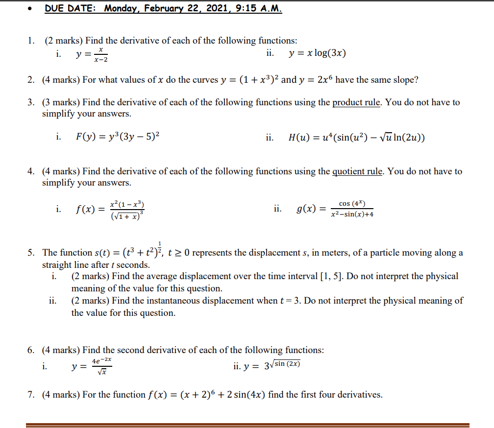 Solved DUE DATE: Monday, February 22, 2021, 9:15 A.M. 1. (2 | Chegg.com