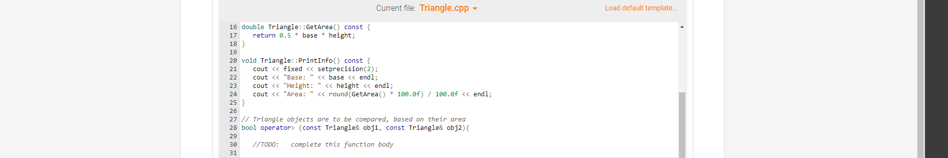Solved 7.20 Triangle comparison (classes) Given class | Chegg.com Solved 7.20 Triangle comparison (classes) Given class | Chegg.com