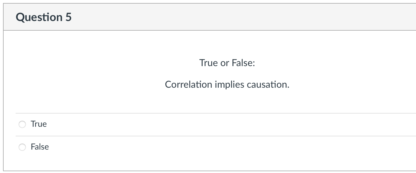 Solved Question 5 True or False: Correlation implies | Chegg.com