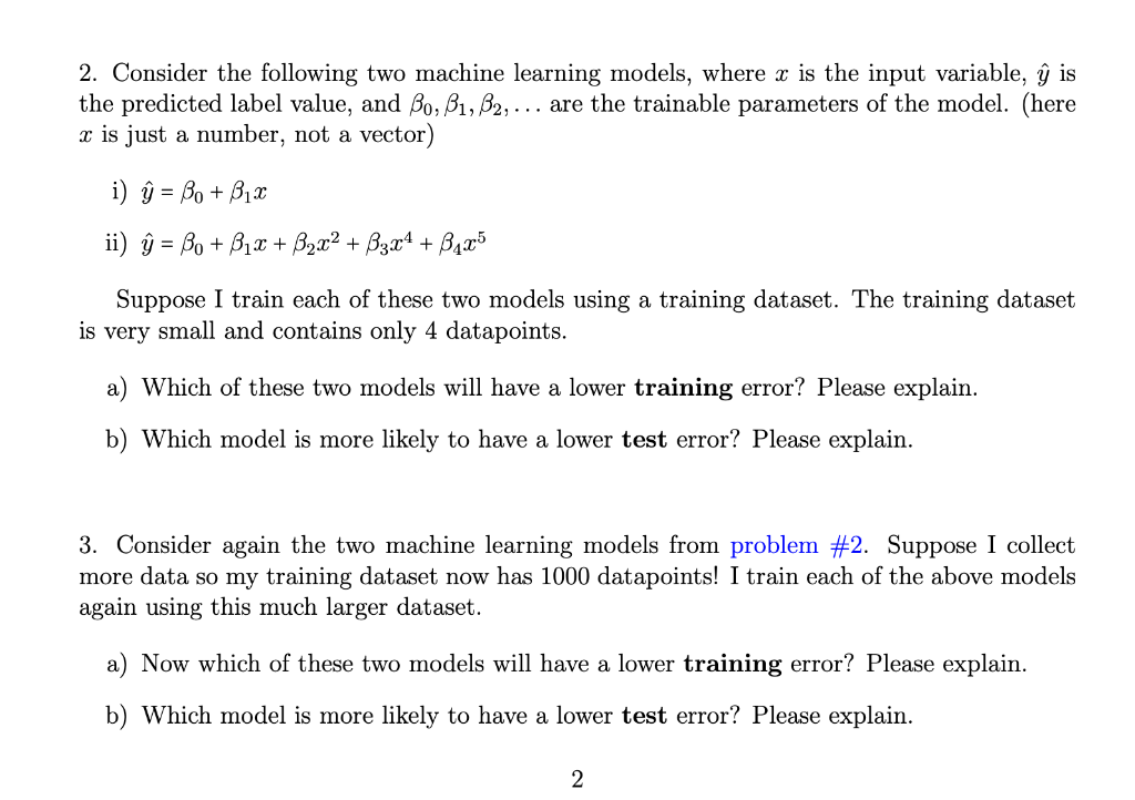 2. Consider the following two machine learning | Chegg.com
