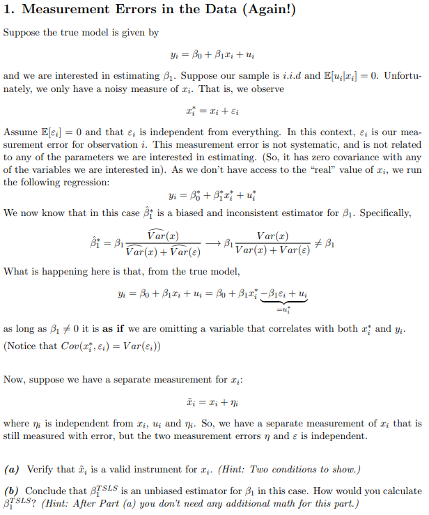 1. Measurement Errors in the Data (Again!) Suppose | Chegg.com