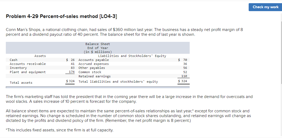 Solved Check my work Problem 4-29 Percent-of-sales method | Chegg.com