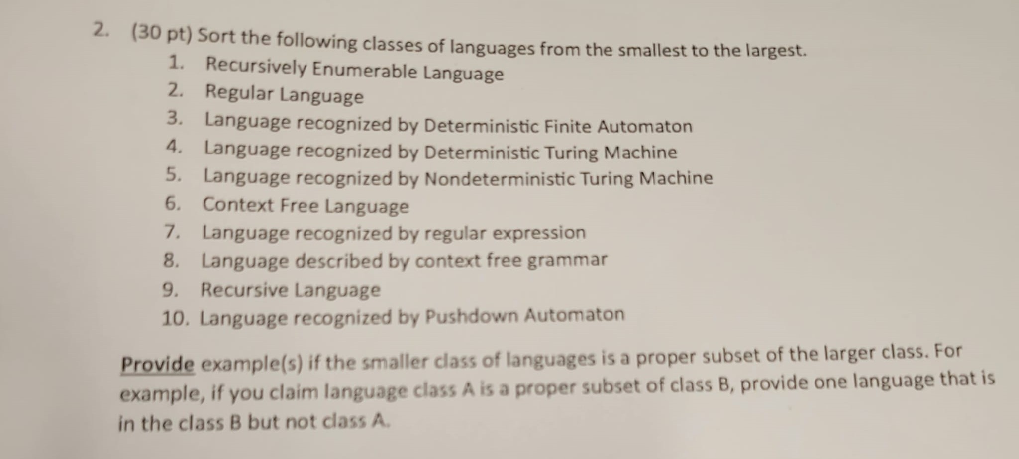 Solved 2. (30 pt) Sort the following classes of languages | Chegg.com