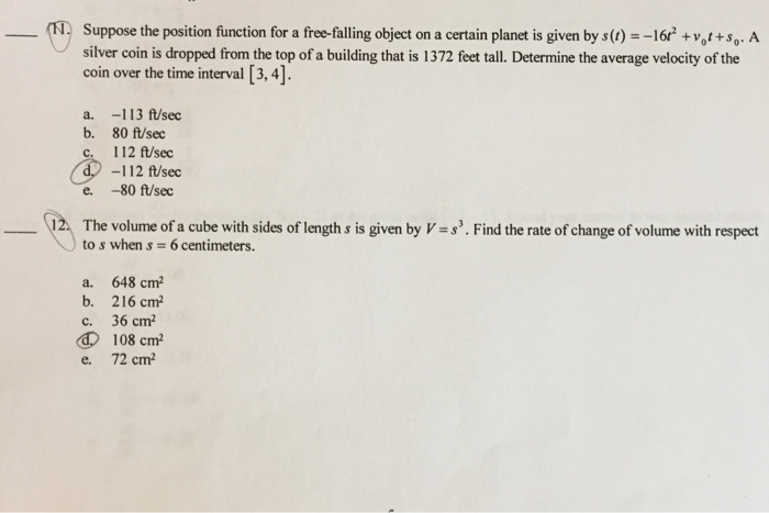 Solved Suppose The Position Function For A Free Falling