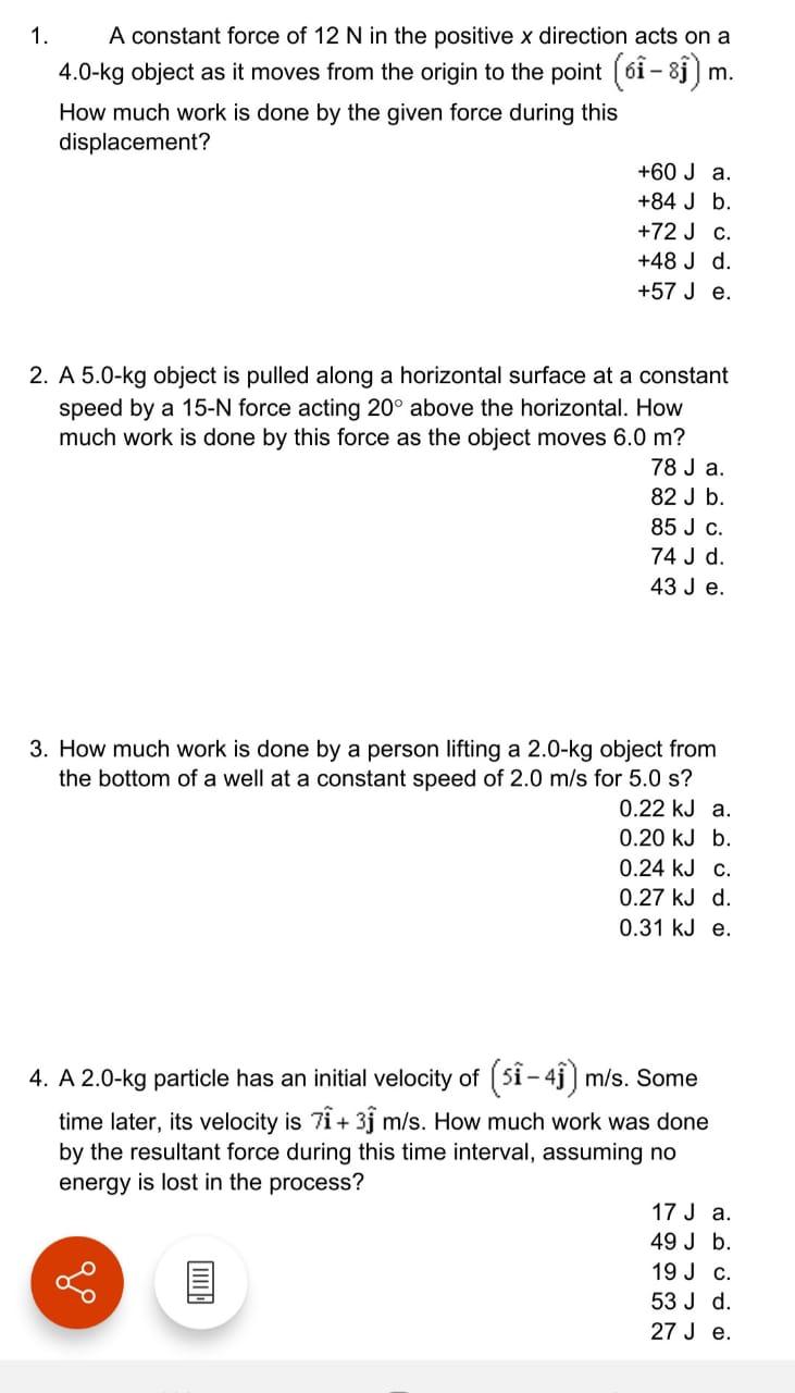 Solved 1. m. A constant force of 12 N in the positive x | Chegg.com