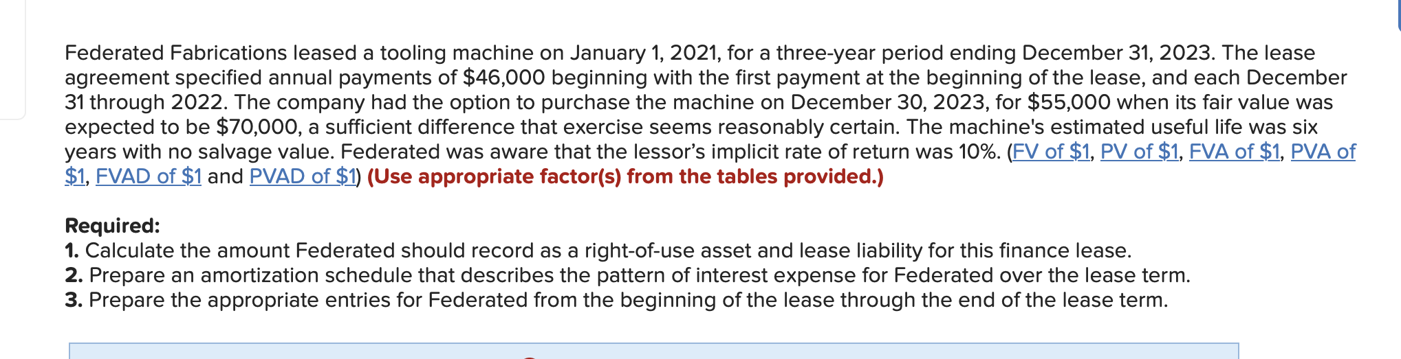 Solved Federated Fabrications leased a tooling machine on | Chegg.com